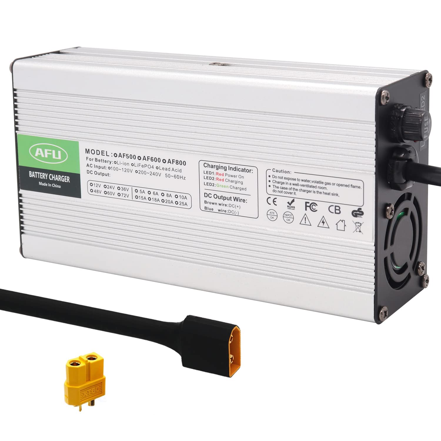 84V 4A Lithium Charger with Cooling Fan Silver Aluminum Case Safe and Durable Used for 20S 72V Lithium Battery Smart Charger DC Output XT60 Male Connector
