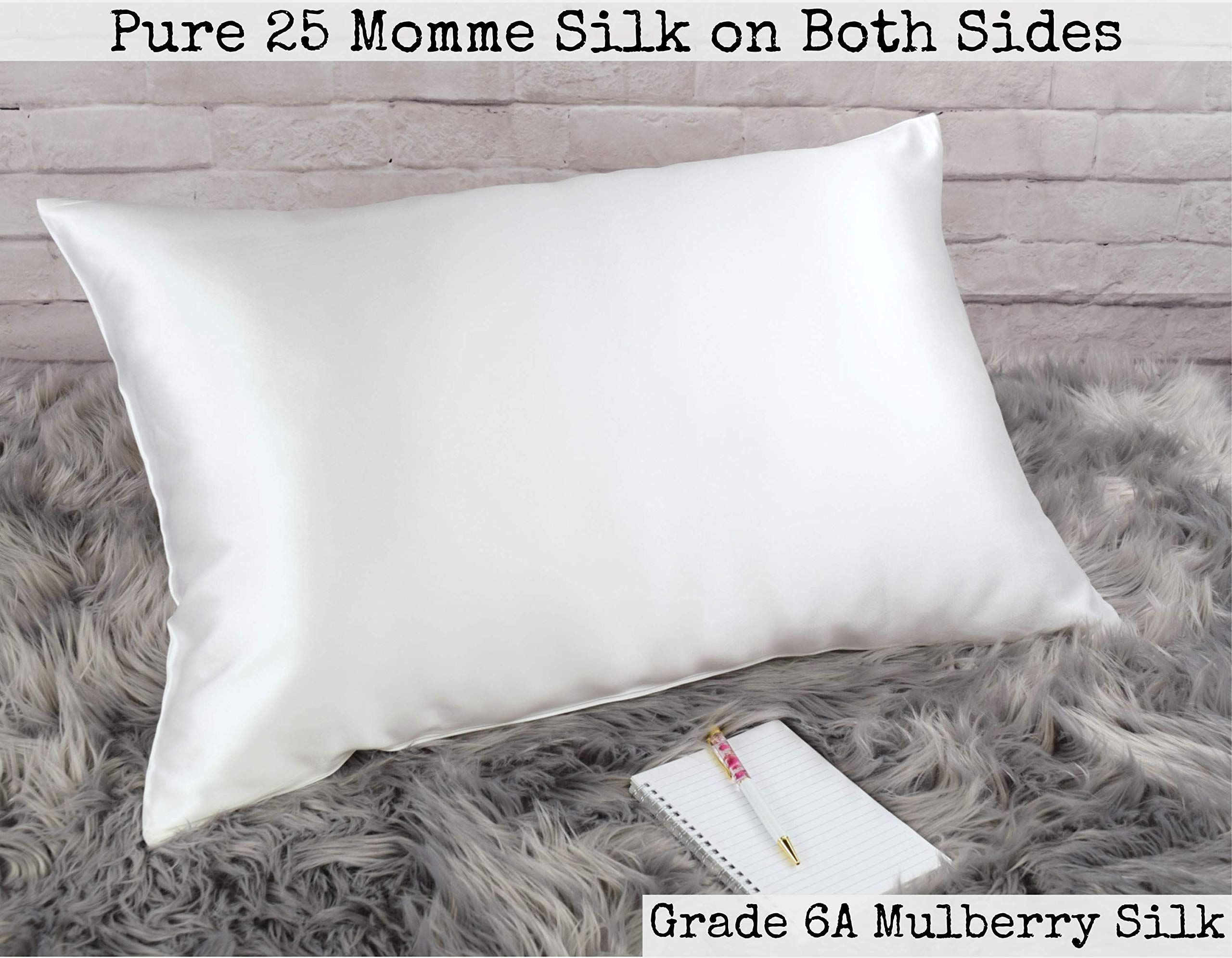 Celestial Silk 100% Silk Pillowcase for Hair Luxury 25 Momme Mulberry Silk, Charmeuse Silk on Both Sides Envelope Closure -Gift Wrapped- (Queen, Natural Undyed White)