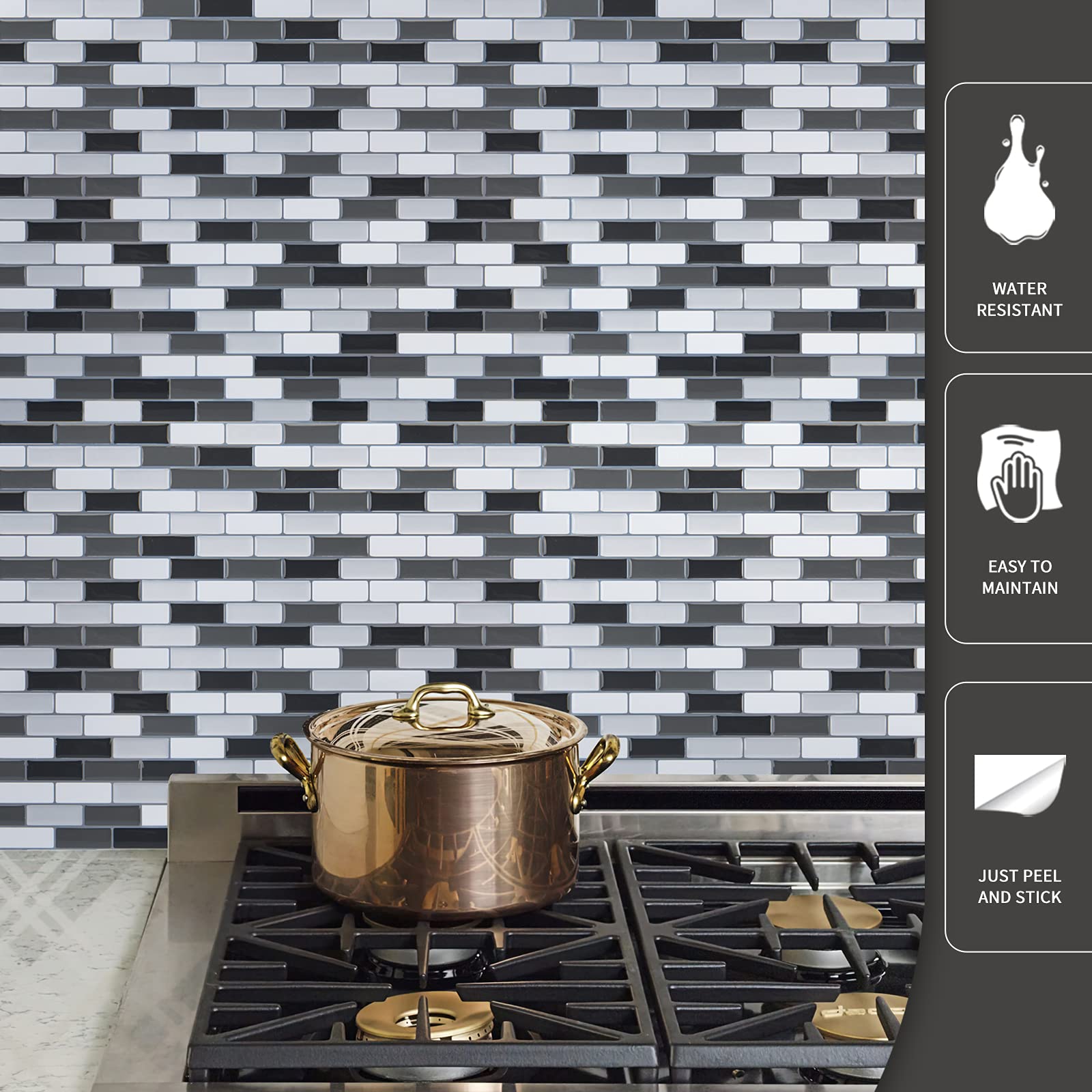 Art3d Peel and Stick Wall Tile for Kitchen/Bathroom Backsplash, 12"x12", Black-White (6 Pack)