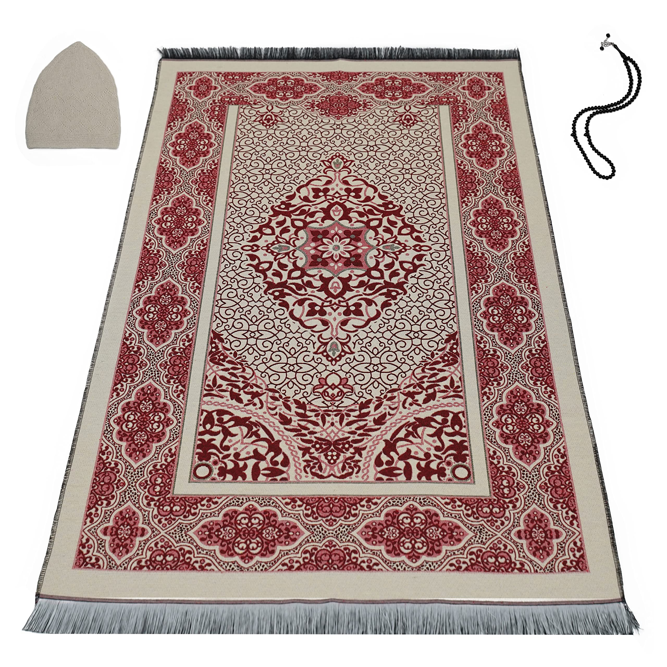 SAQENZA Muslim Prayer Rug Double Sided - Prayer Mat 3 Pieces Set - Gift Kufi Hat - Gift Prayer Beads (99) - Muslim Gifts for Men, Women and Kids