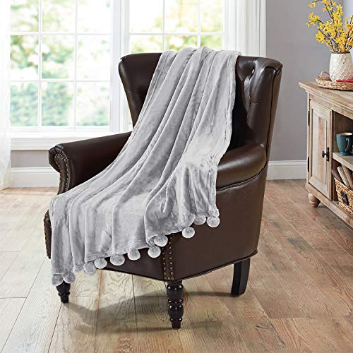Home Soft Things Pompom Bed Couch Throw Blanket, 50'' x 60'', Silver Grey, Fuzzy Soft Comfy Warm Decorative Throw Blanket for Living Room Bedroom Suitable for All Seasons