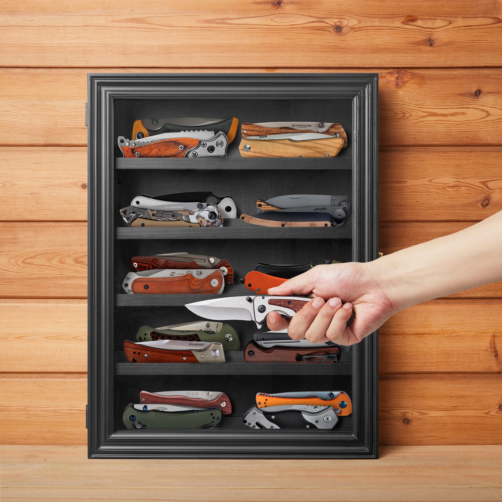 ZAYALI Pocket Knife Display Case for Wall, Pocket Knife Stand for Collections with Uv Protection Acrylic Lockable, 5 Rows Military Folding Knife Stand with Removable 2 Grooves Shelves Black