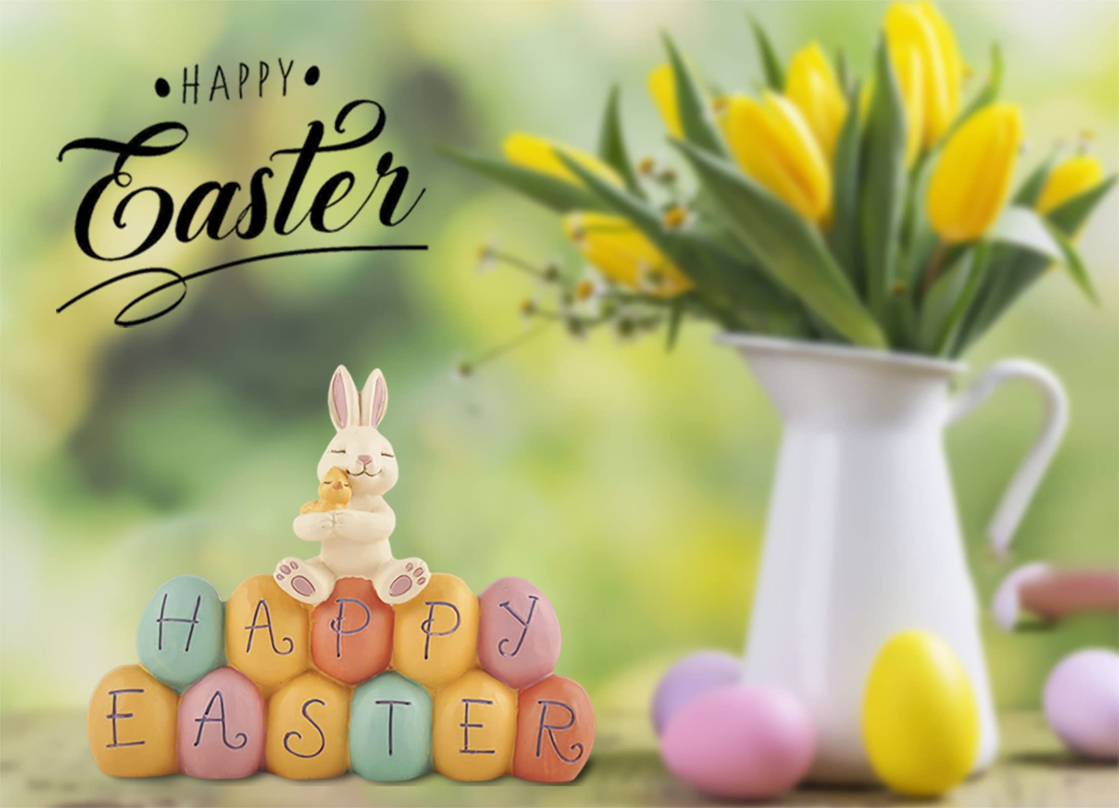 Easter Bunny Figurine Decorations - Hand Painted Sping Rabbit Statue Ornament - Easter Animal Tabletopper Accessories Sculpture for Party,Garden,Home Decorations,4.8 Inch,Polyresin
