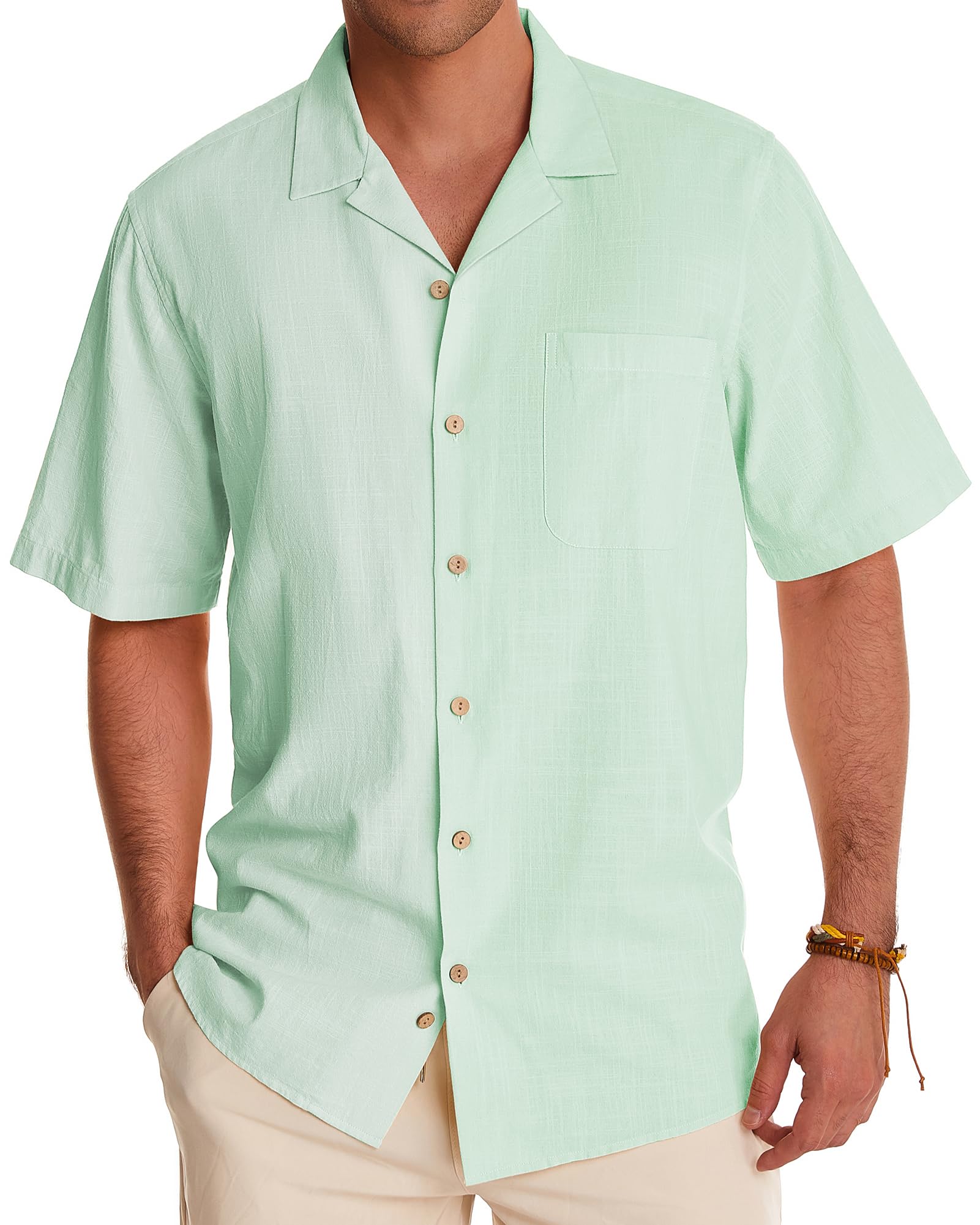Alimens & Gentle Mens Short Sleeve Cotton Linen Shirt Summer Button Up Shirts Tropical Beach Hawaiian Shirts Green Mint