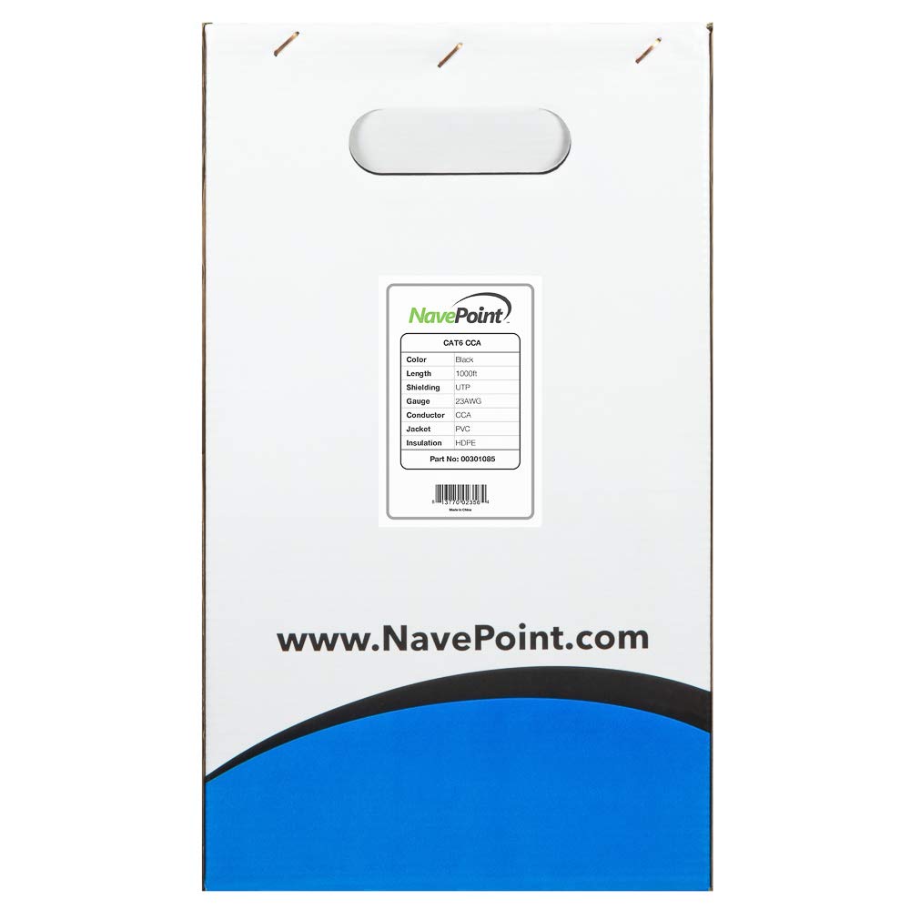 NavePoint Cat6 (CCA), 1000ft, Black, Solid Bulk Ethernet Cable, 550MHz, 23AWG 4 Pair, Unshielded Twisted Pair (UTP)