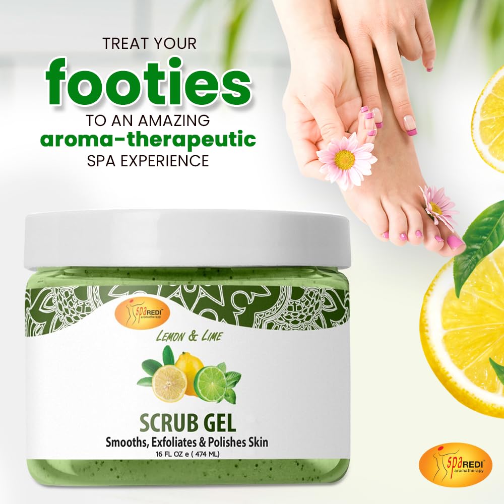 SPA REDI – Exfoliating Scrub Pumice Gel, Lemon & Lime, 16 Oz - Manicure, Pedicure and Body Exfoliator Infused with Hyaluronic Acid, Amino Acids, Panthenol and Comfrey Extract