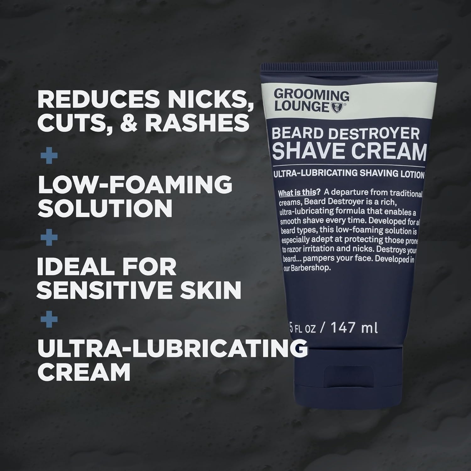 Grooming Lounge Beard Destroyer Shave Cream for Men - Bump, Irritation & Razor Burn Free Shaving Cream Sensitive Skin, Men Beard Care - Soft, Smooth, Easy Glide Low Shaving Foam Lather Formula - 5 Oz