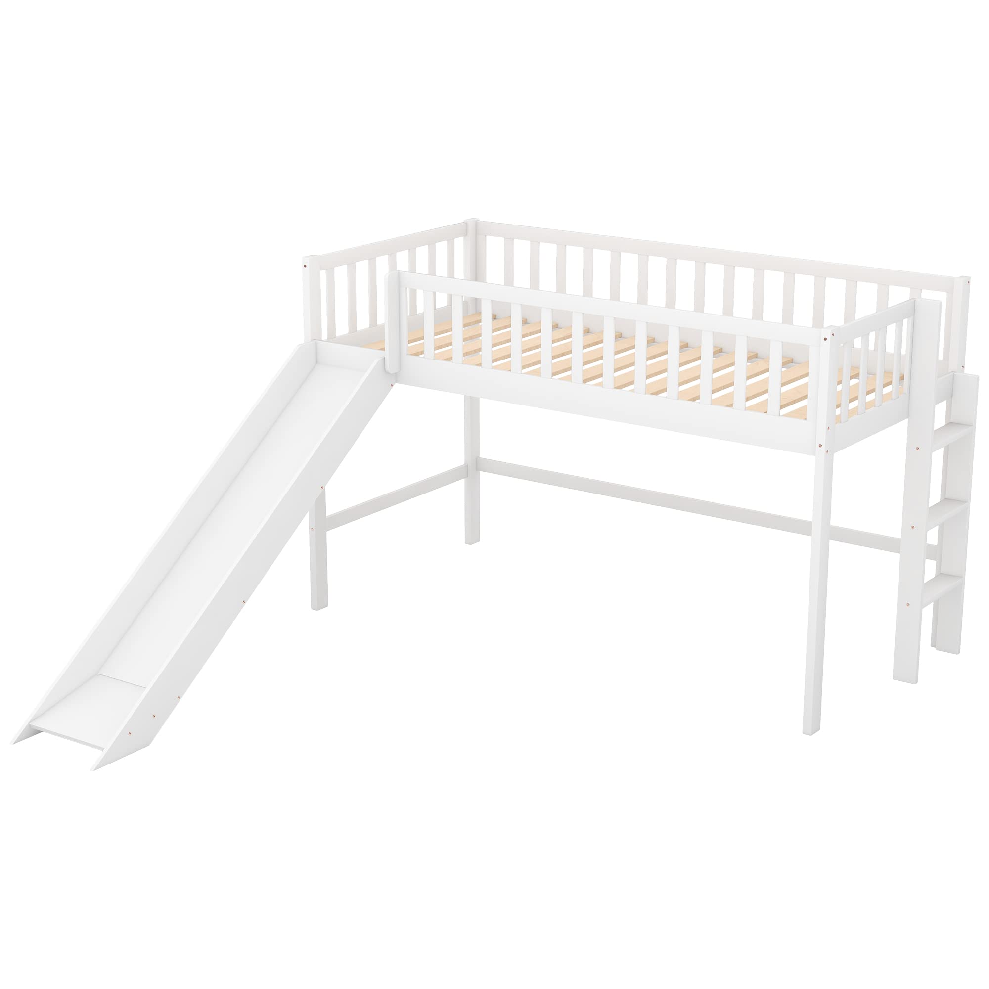 Bellemave Twin Size Low Loft Bed with Slide Wood Junior Loft Beds Frame with Ladder and Guardrails for Kids Boys Girls, White, White With Slide
