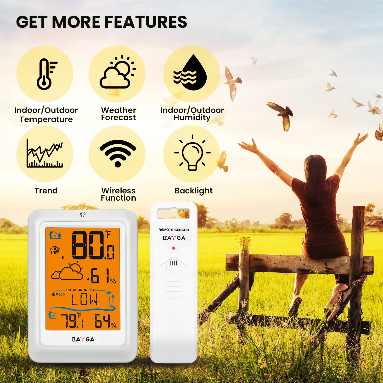 BAYGA Indoor Outdoor Thermometer Wireless Digital Hygrometer, High Precision Temperature Humidity Gauge Monitor with 330ft Range Remote Sensor, Backlight Room Thermometer with Outdoor Index
