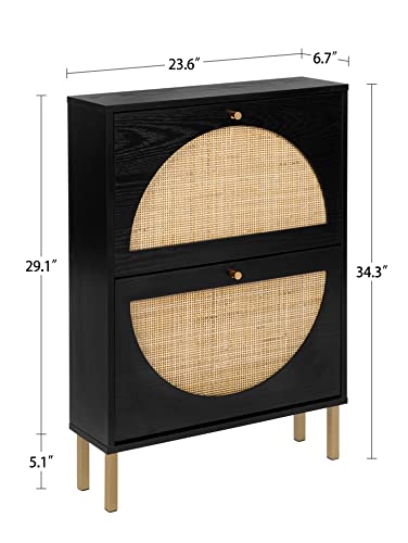 Black Rattan Shoe Storage Cabinet with 2 Flip Drawers for Entryway, Freestanding Shoe Rack Modern Slim Entryway Shoe Organizer with Half Round Woven Rattan Doors for Hallway