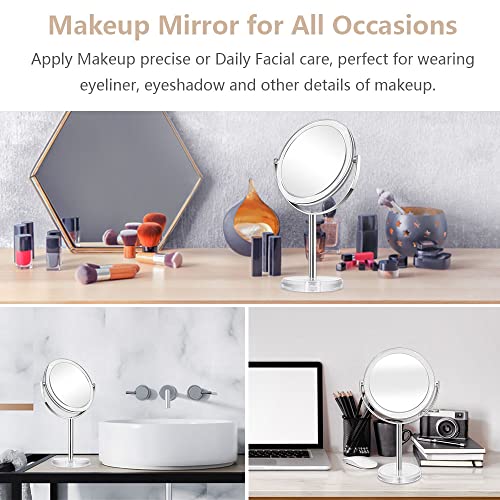 Cheftick Double Sided 1X & 10X Magnifying Makeup Mirror, Tabletop Magnified Vanity Mirror with 360 Degree Swivel for Bathroom or Bedroom, Transparent