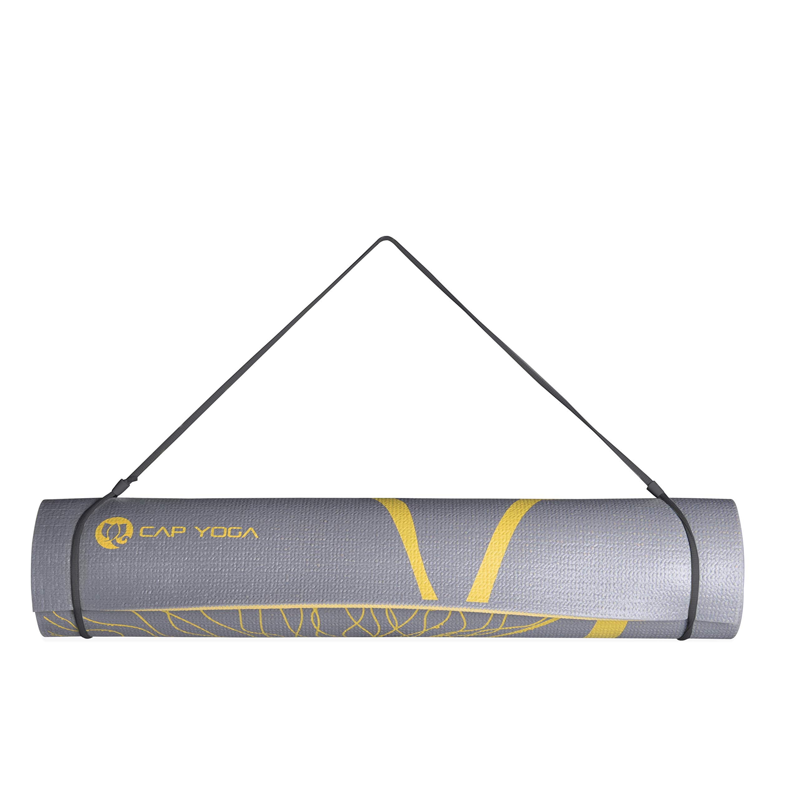 CAP Yoga Mat with Carry Strap, 5mm, Reversible Dahlia Design, Yellow/Gray