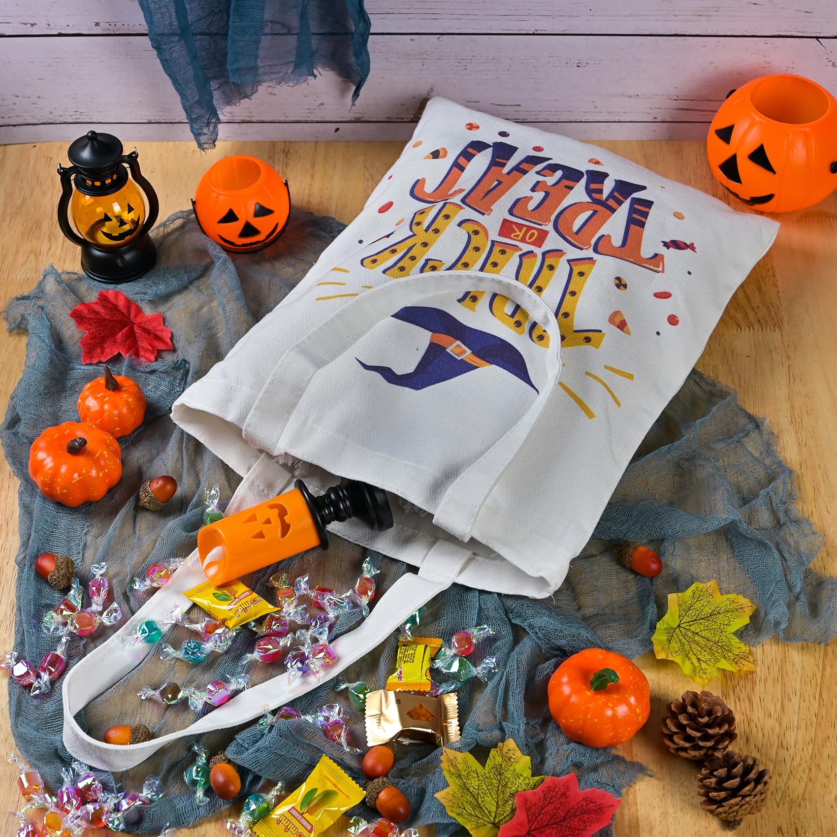 ATFUNSHOP Trick or Treat Bags Halloween Bags 15.7'' Witch Hat Canvas Reusable Large Tote Bucket for Kids
