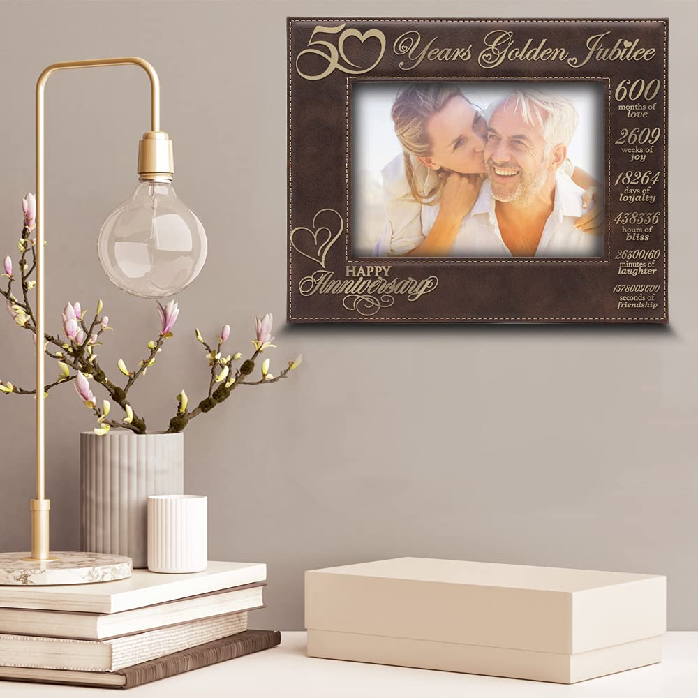 BELLA BUSTA-50 Years Golden Jubilee-50th Anniversary Couple, Husband, Wife - Engraved Leather Picture Frame (5x7 Horizontal)