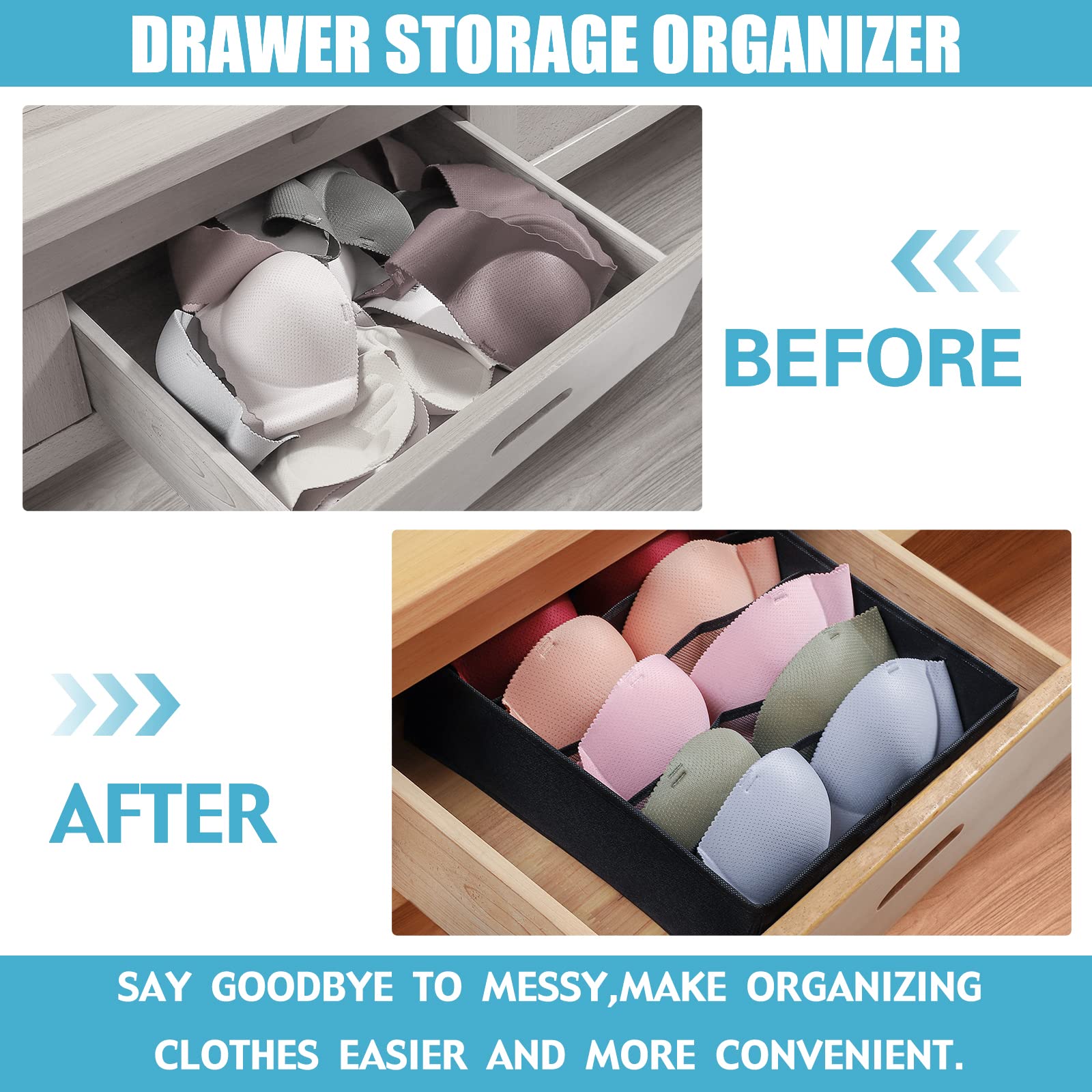 Boudar Black Foldable Dresser Drawer Organizers Underwear Organizer Dividers,5 Cell Foldable Storage Boxes Drawer under Cabinet Organizer for Bra,Underwear,Socks, (Black)