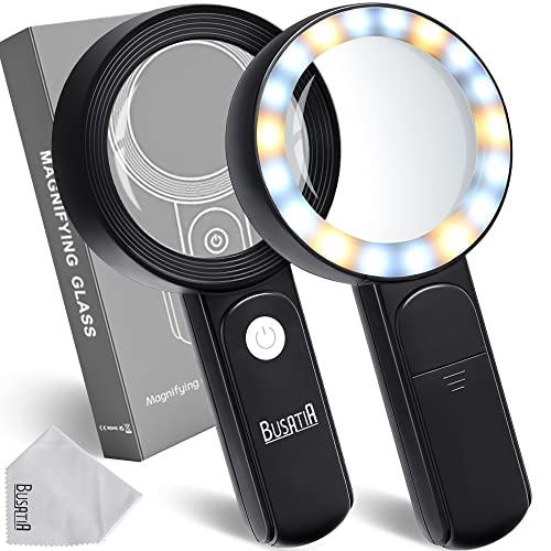 BUSATIA Magnifying Glass 30X, 18LED Handheld Magnifying Glass with Light, 4in Large Glass Magnifier with 3 Modes, Illuminated Magnifying Glass for Reading, Hobbies - with a Lens Cloth(Black)