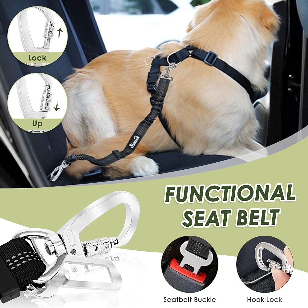 SlowTon Dog Seatbelt, 2 Pack Dog Seat Belt Car Leash Adjustable Elastic Bungee Buffer Heavy Duty Nylon Reflective Pet Safety Tether Connect to Dog Harness for Travel Riding in Vehicle (Daul Clip, B)