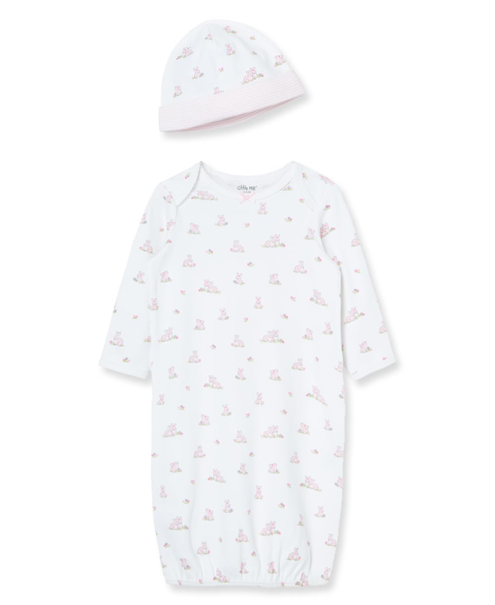 Little Me Baby Girl's 2-Piece Nightgown and Cap Set, White Print/Bunny, 0-3 Months