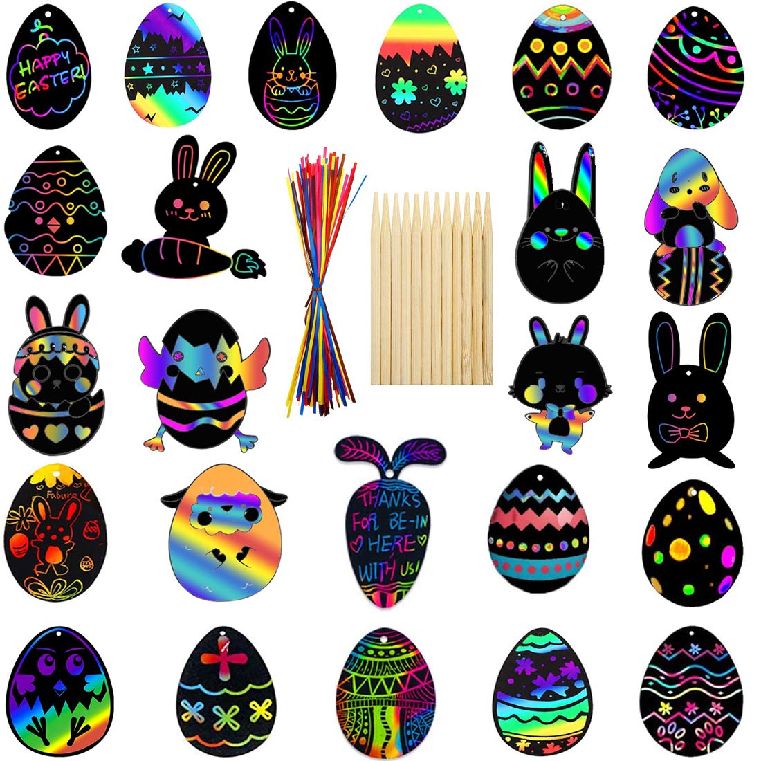Easter Scratch Paper, 24PCS Easter Egg Scratch Paper Rainbow Art Set for Easter Day Ornaments Hanging Craft