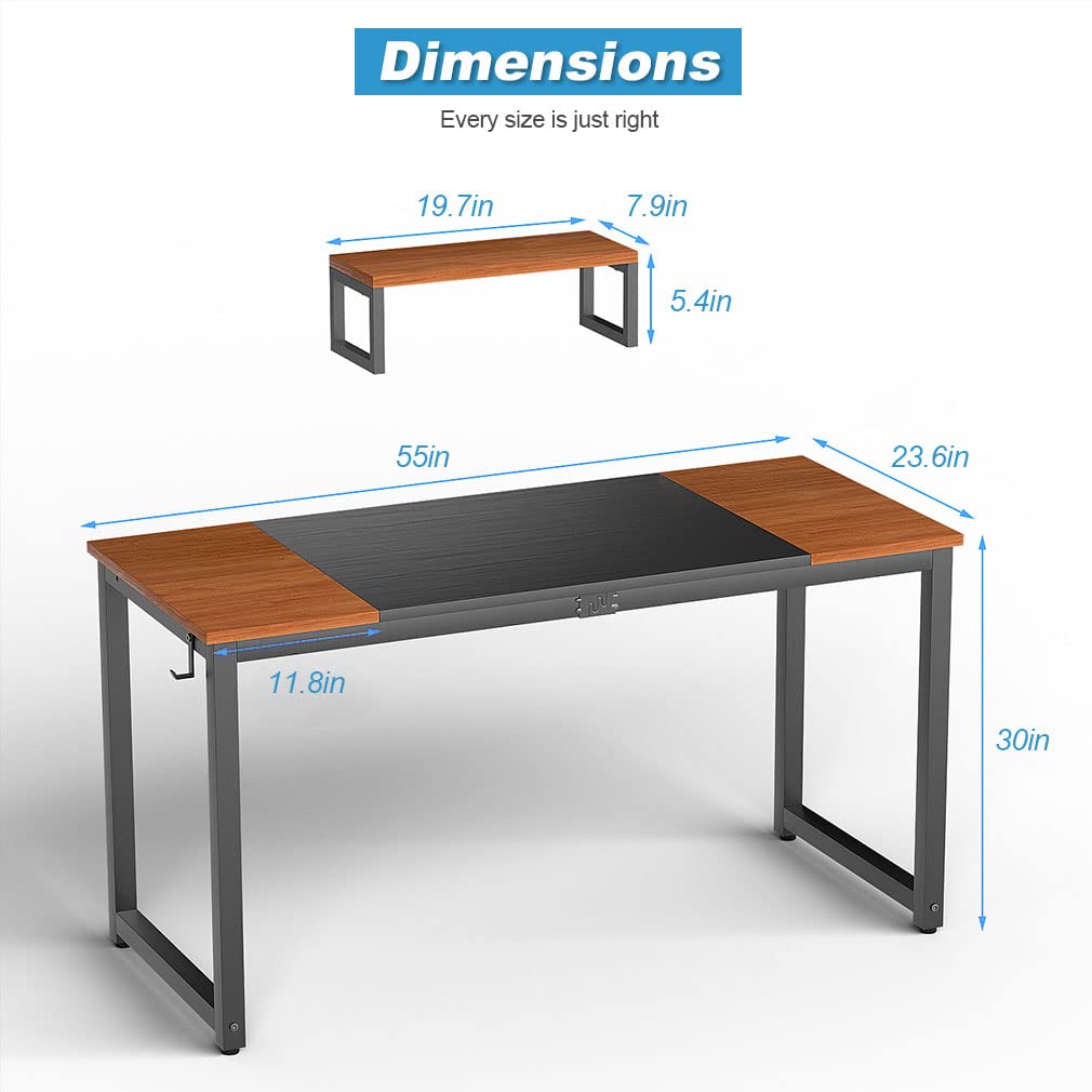 PayLessHere Computer desk with Monitor Riser Writing Large Table Home Office Hook Modern Student Study Desk with Stable Structure, Brown