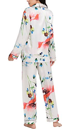 Escalier Womens 5pcs Silk Satin Pajama Set Floral Cami Pjs Sleepwear Button Down Pj Sets Loungewear White