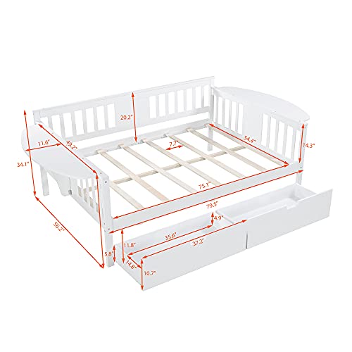 DNYN Full Size Daybed with Two Storage Drawers & Half-Moon Desk Design,Solid Pinewood Bedframe w/Safety Guardrails,Perfect for Dorm,Bedroom,Guest Room,Space-Saving,No Box Spring Needed, White