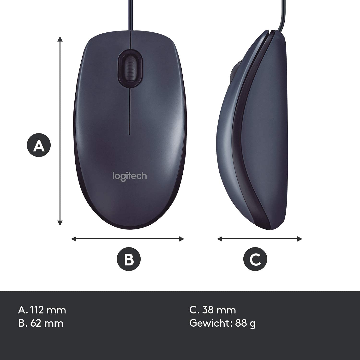 Logitech M100 Wired USB Mouse, 3-Buttons, 1000 DPI Optical Tracking, Ambidextrous PC/Mac/Laptop - Dark/Black