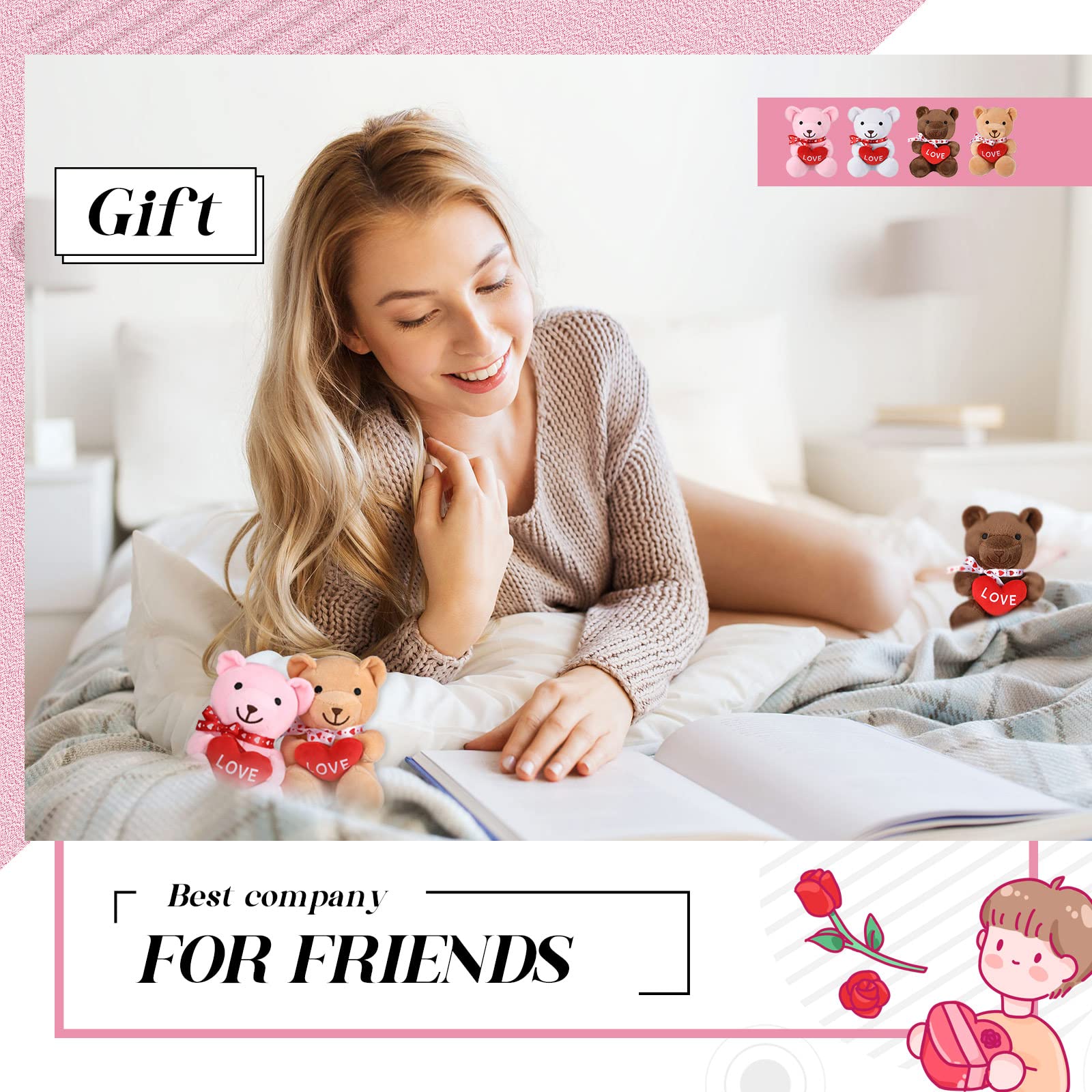 HyDren 4 Pcs Valentine's Day Stuffed Bear 6'' Cute Stuffed Animals Soft Bear with Red Heart Small Sweet Cuddly Plush Toys Gift for Classroom Exchange Prizes Party (Pink, White, Brown, Khaki)