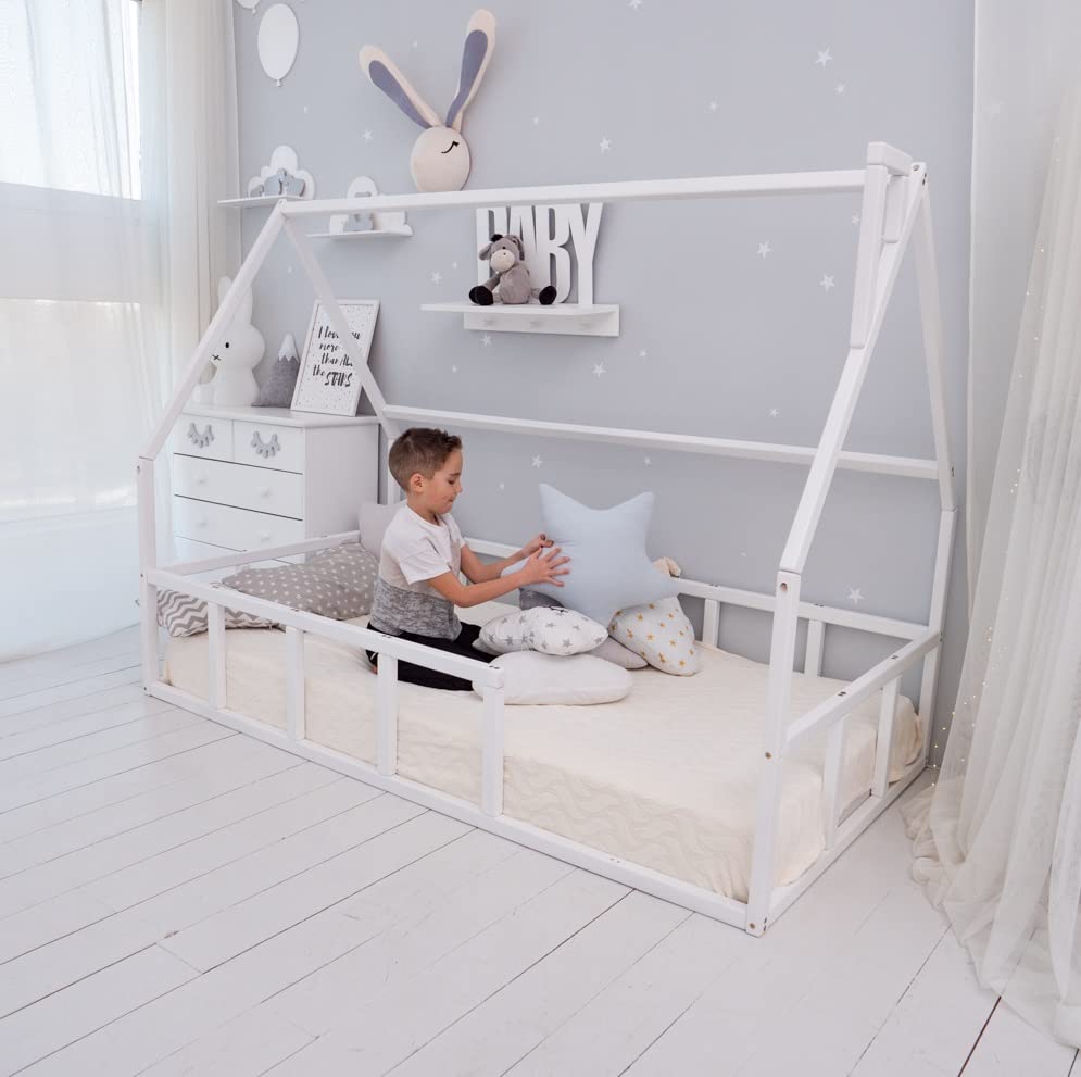 BUSYWOOD House Floor Bed For Kids - Montessori Bed for Toddlers - Wood Kids Bedroom Furniture - Cozy Toddler Bed with Rails - Twin Loft Beds for Kids (Model 1 Mini Floor with Fence, FOR SLEEPING ONLY)