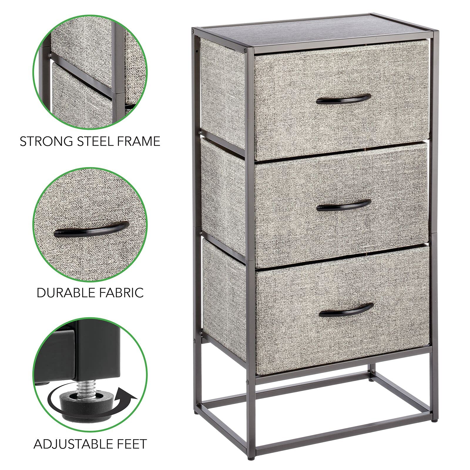 mDesign Modern 3-Drawer Dresser Storage Tower - Sturdy Steel Frame, Wood Top, Wood Handles/Fabric Bins - Organizer Unit for Bedroom, Hall, Entryway, Closets - Margot Collection - Black/Graphite Gray