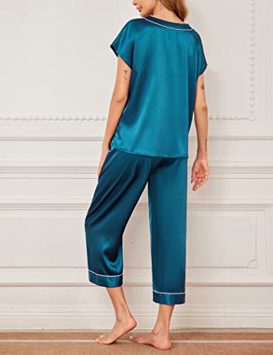 Ekouaer Plus Size Satin Pajamas for Women Two-Piece Nightgown Button Down Short Sleeve Loungewear PJ Set Dark Green