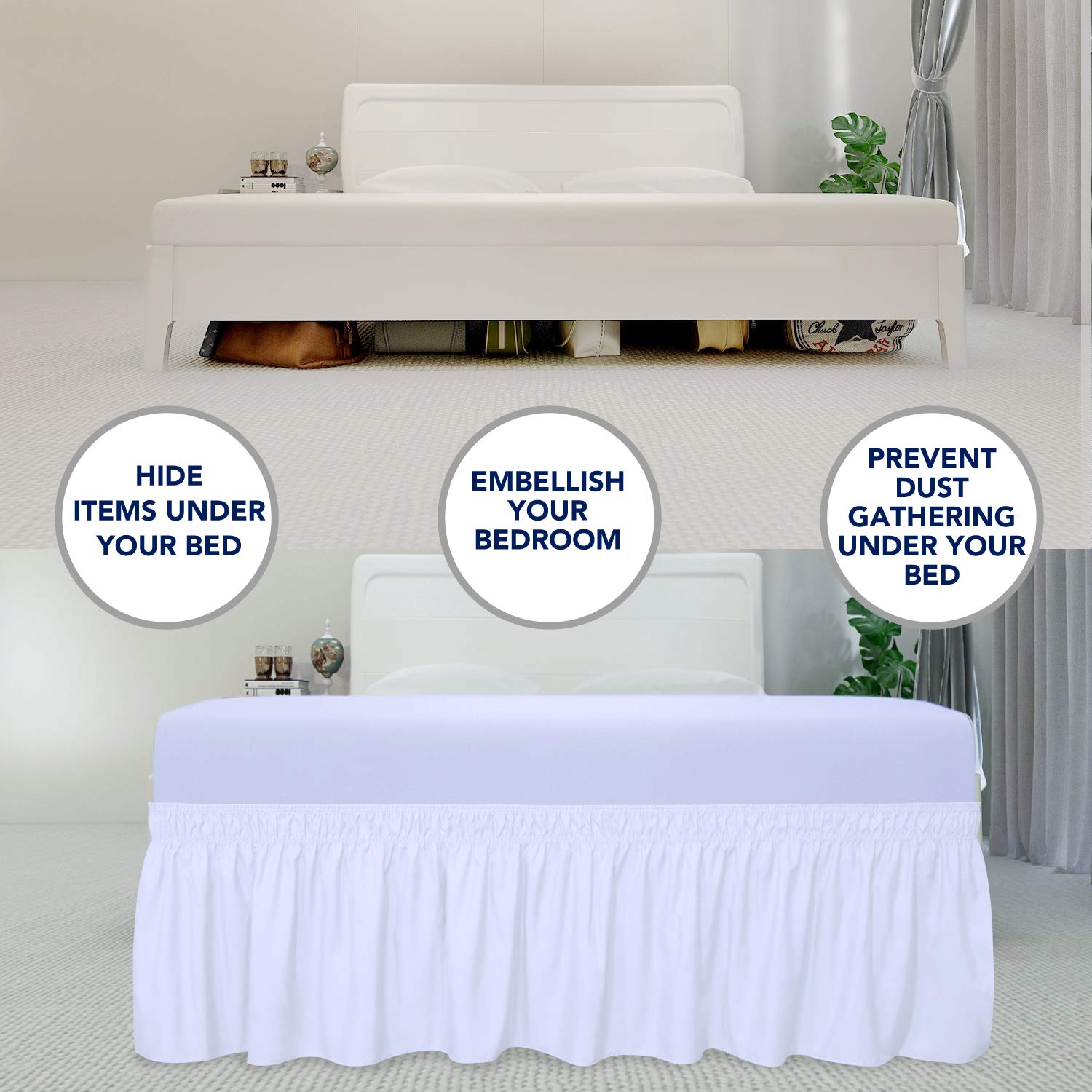 PureFit Wrap Around Ruffled Bed Skirt with Adjustable Elastic Belt - 18 Inch Drop Easy to Put On, Wrinkle Free Bedskirt Dust Ruffles, Frame Cover for Queen, King and C-King Size Beds, White