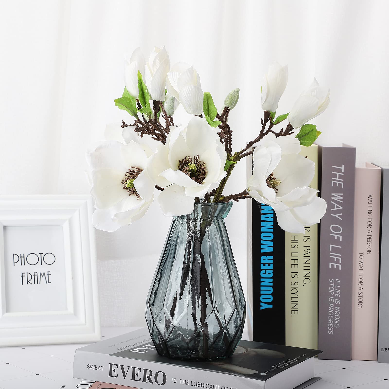 6 Stems Artificial 2 Head Magnolia Flowers, Realistic Silk Flower Bouquet for Floral Arrangements Home Table Decor Photo Props,White