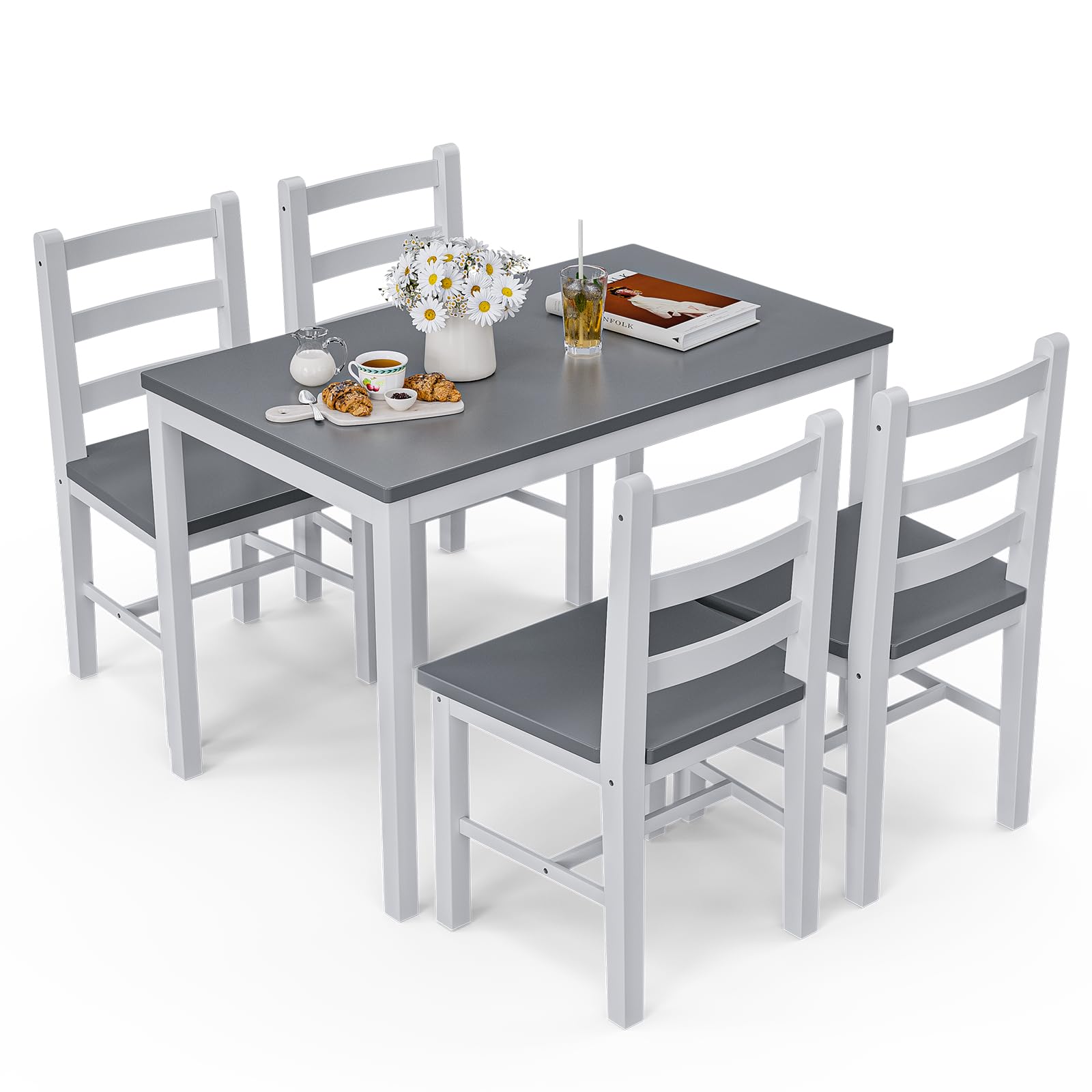 AOVSA Dining Table Set for 4, 5-Piece Small Kitchen Table Chairs Set, Farmhouse Wood Dining Furniture, Space-Saving for Home, Apartment, Kitchen, Restaurant