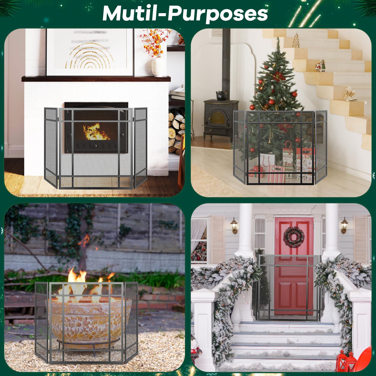 ATiyyo Fireplace Screen with Metal Mesh Foldable 3 Panel Fireplace Cover for Wood Burning Fireplace Wrought Iron Fire Spark Guard Indoor Outdoor (Black)