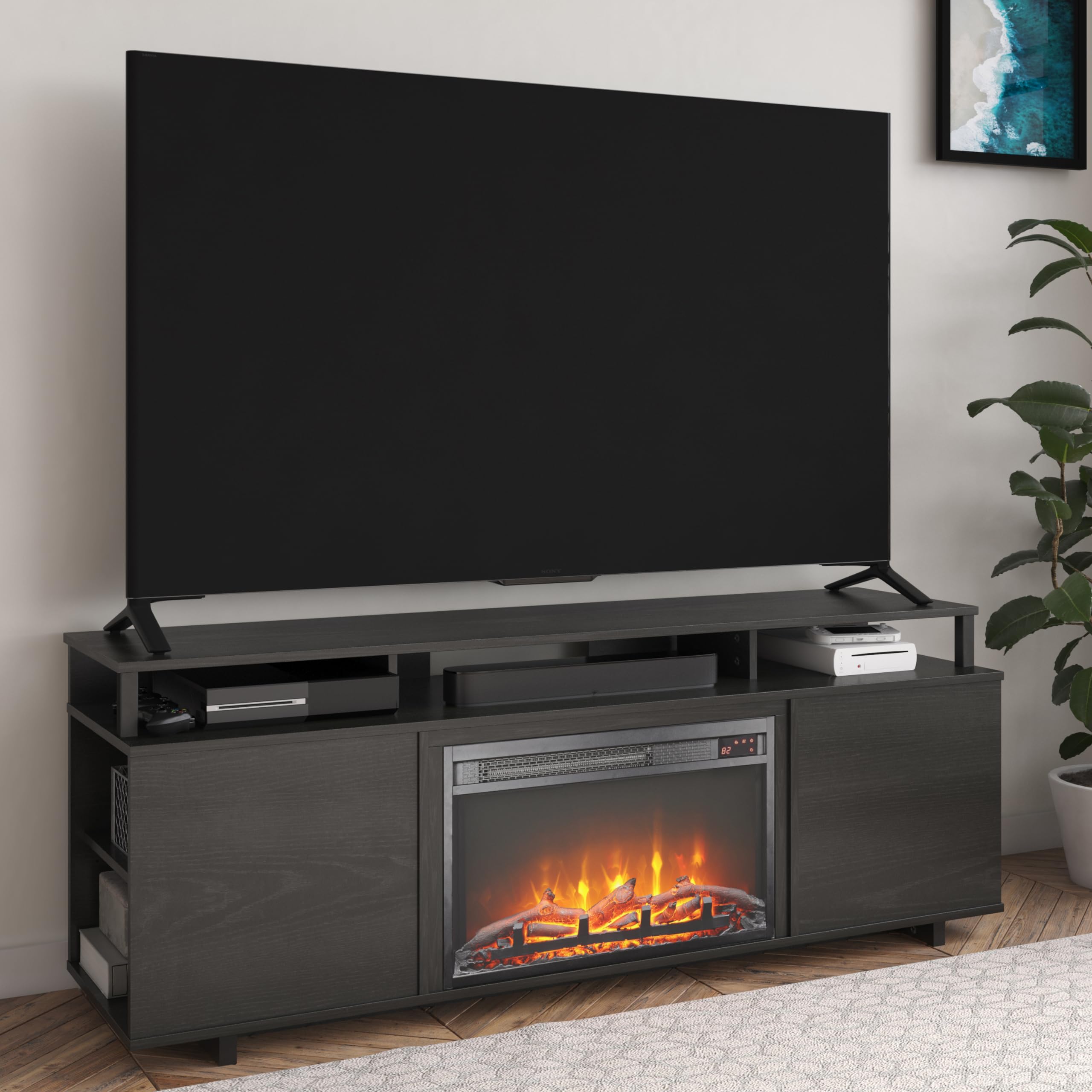 Ameriwood Home Mason Fireplace TV Stand for TVs up to 65" in Black Oak