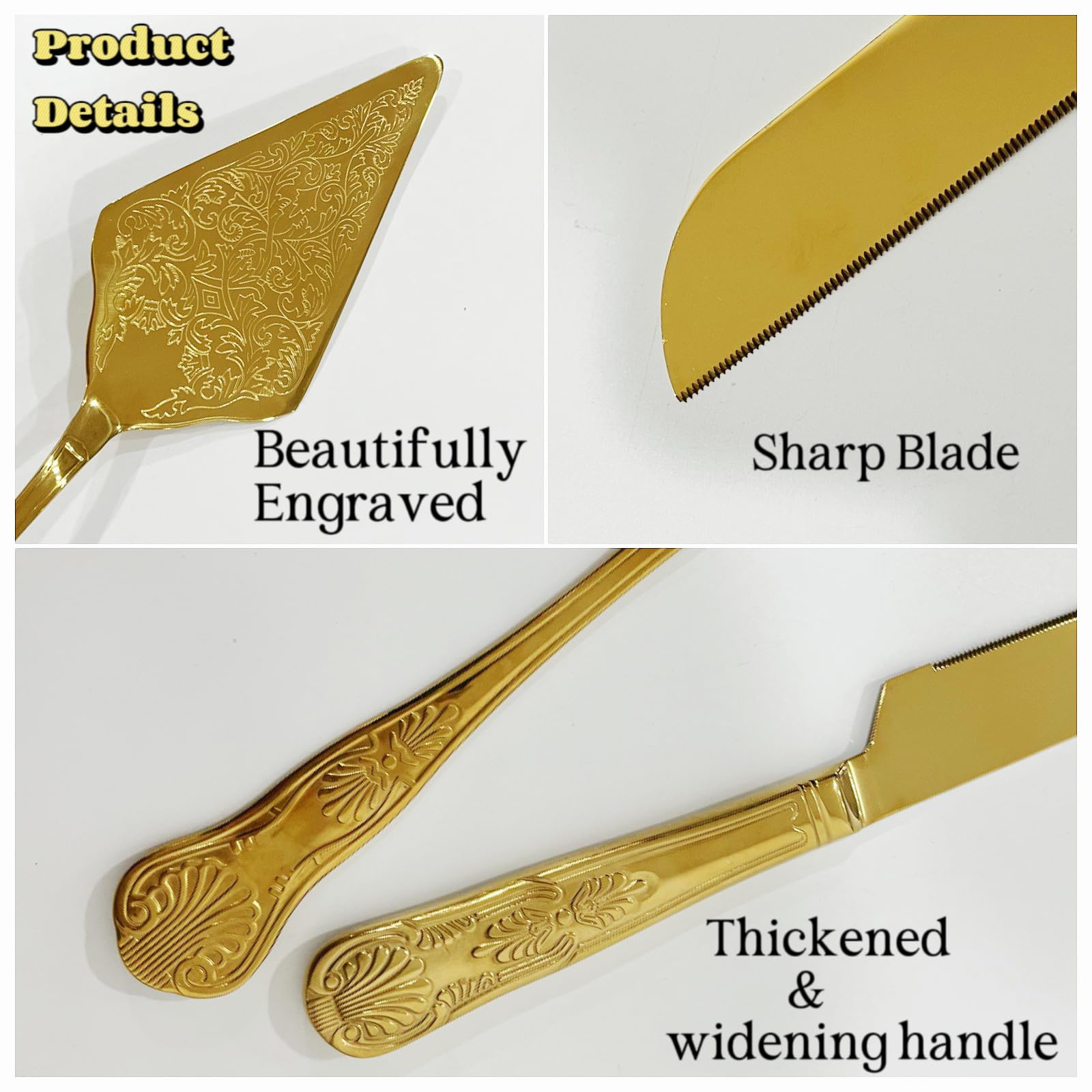 WEICHUAN Wedding Cake Knife and Server Set, Stainless Steel Engraved Cake Cutting Set for Bride and Groom Wedding Anniversaries Parties (Gold)