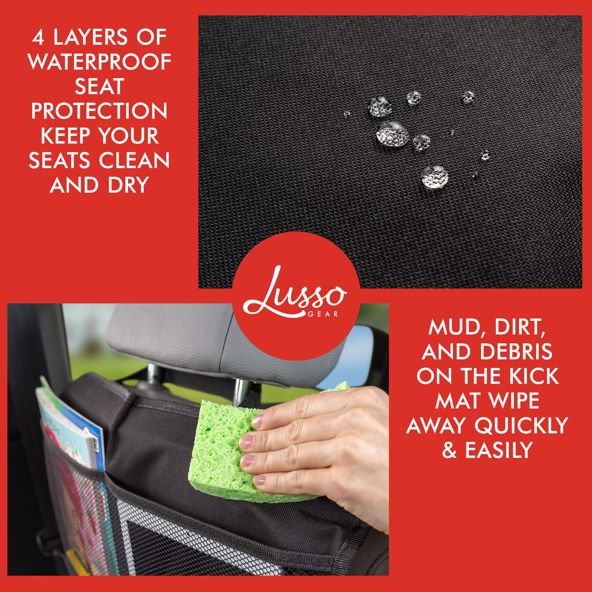 Lusso Gear Kick Mats (2 Pack) - Car Seat Back Protectors, Premium Waterproof Fabric, Reinforced Corners to Prevent Sag, and 4 Mesh Pockets for Large Storage (Black)