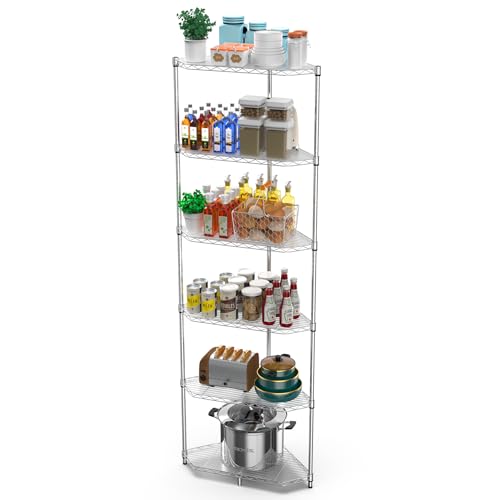 6 Tier NSF Corner Wire Shelf Shelving Unit, 20 x 20 x 72 Inch 600lbs Capacity Heavy Duty Adjustable Metal Storage Rack with Leveling Feet & Shelf Liners for Office Kitchen Bathroom and More - Chrome