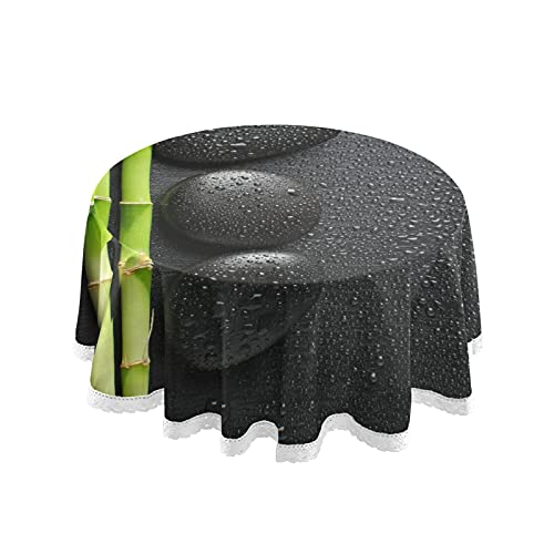 Black Zen Basalt Stones with Dew Green Bamboo on Dark Round Table Cloth, Circle Table Linen White Lace Dinner Tablecloth Mat, Desk Cloth Cover for Home Party Wedding 60 Inches