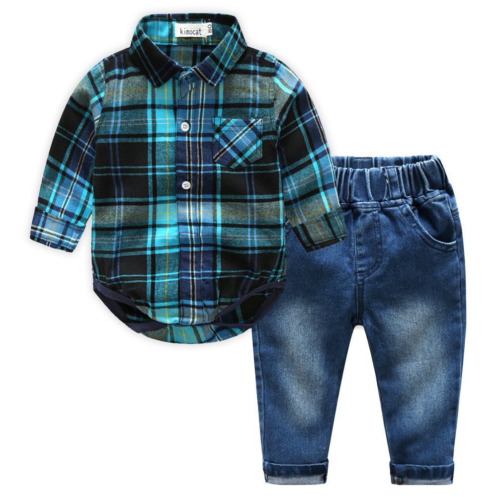 Kimocat Casual Suit for Toddler Boy 2Pcs Long Sleeve Plaid Shirtand Jeans Outfits
