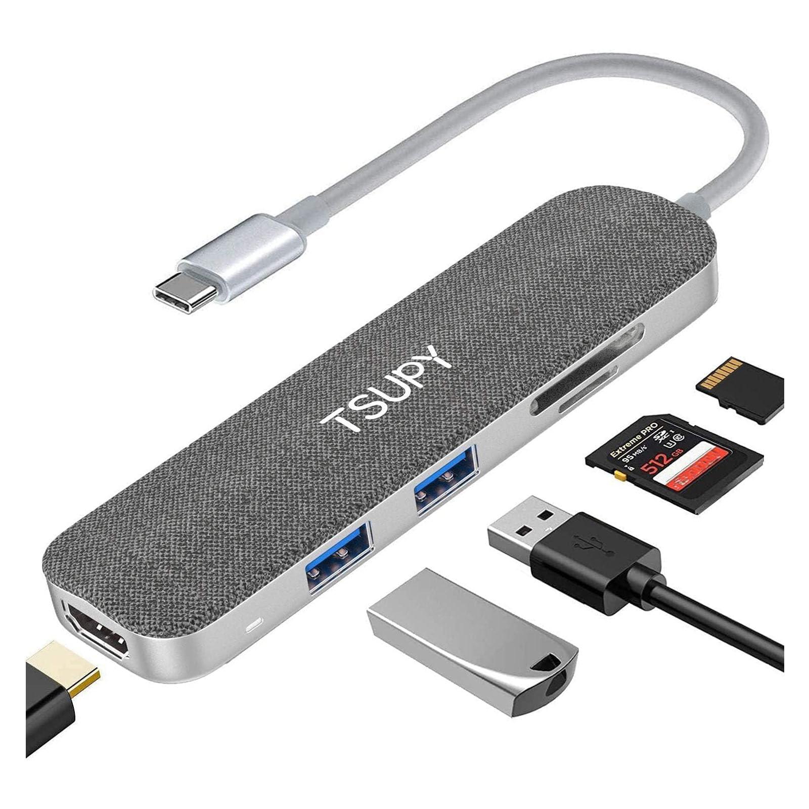 USB C HUB, TSUPY 4K HDMI Adapter 5 in 1 Slim Type C Hub with USB 3.0 Ports, SD/Micro SD Card Reader,Multifunctional USB C HDMI Output Dongle for MacBook Pro/Air,XPS,Chromebook,Surface,Huawei and More
