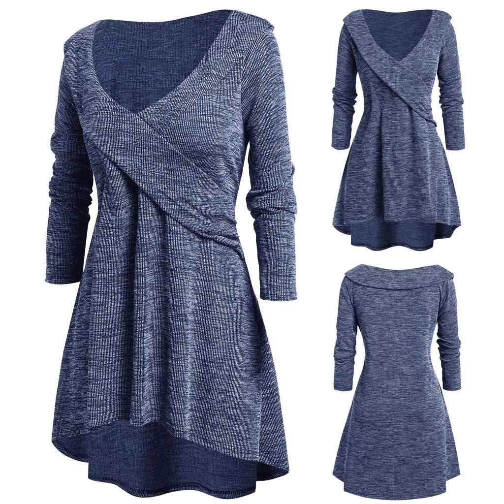 CapsA Women Halloween Gothic Sweatshirts Dress Long Sleeve High Low Pullover Plus Size V-Neck Tunic Plunging Neck Sweater Blue