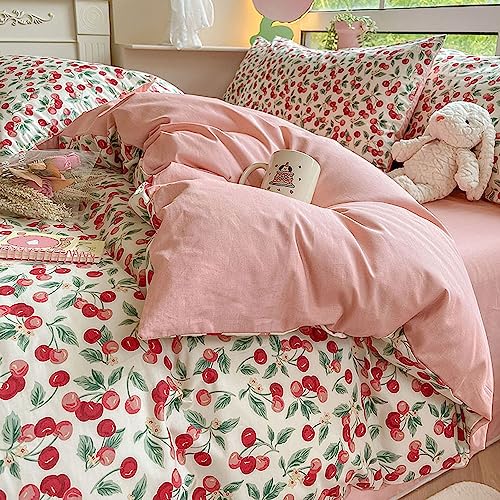 Cherry Duvet Cover Set, 100% Cotton Pure Cotton Printing,Home Standard Four-piece Bedding Set Decorative, Deep Pocket, Warm, Super Soft, Breathable Sheets with 2 Pillow Shams, Red ( Size : A2.0m4pcs )