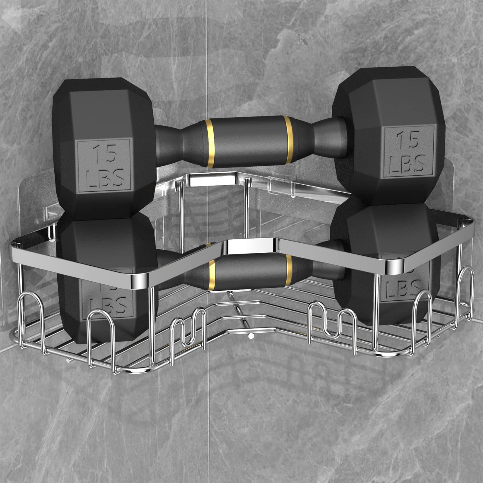 stusgo 4 Pack Corner Shower Caddy with Soap Holder, Adhesive Shower Shelves No Drilling, Rustproof Stainless Steel Bathroom Shower Organizer with Hooks, Shower Shelf for Inside Shower, Silver
