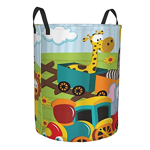 Laundry Basket,Cartoon Baby Safari Wild Animals In A Train With Striped Backdrop Toys Artwork,Large Canvas Fabric Lightweight Storage Basket/Toy Organizer/Dirty Clothes Collapsible Waterproof For College Dorms-Large