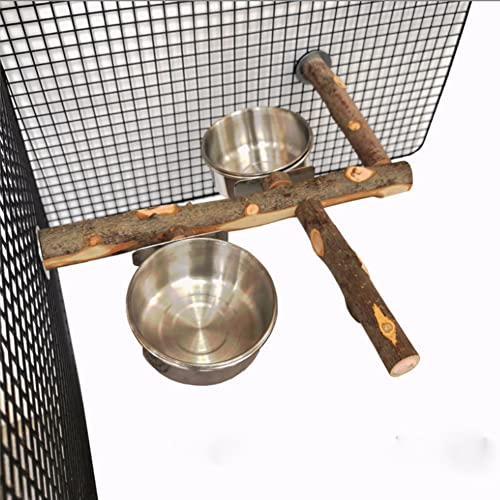 Bird Feeding Bowl Bird Feeding Dish Cup Stainless Steel Bowl with Wood Bird Stand Perch for Parakeet Budgies Lovebirds and Parrot