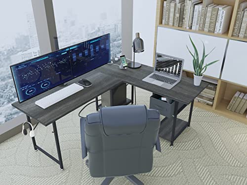 DLIUZ L Shaped Desk with Drawers,Computer Desk is Reversible Corner Large Gaming pc Table with USB Charging Port and Power Outlet,Long Writing Study Table with Shelve
