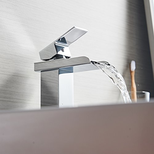 BWE Waterfall Bathroom Faucet Chrome Polished Modern Sink Bath Single Hole Handle Lavatory Vanity Washbasin Mixer Tap Brass Material with Water Faucets Supply Hose