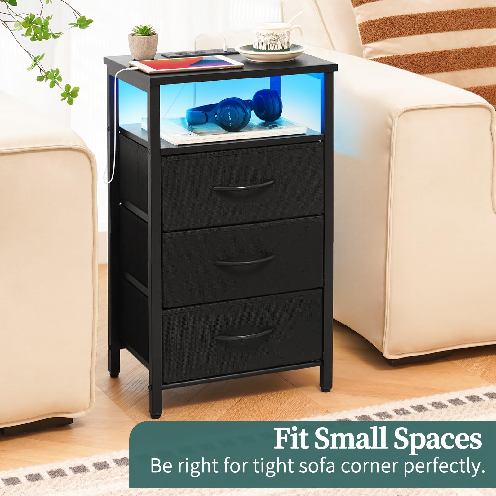 Yoobure Night Stand with Charging Station, 16 Colors LED Nightstand with USB Ports and Outlets, End Table with 3 Fabric Drawers and Storage Shelf, Bedside Tables Small Dresser for Small Space Black